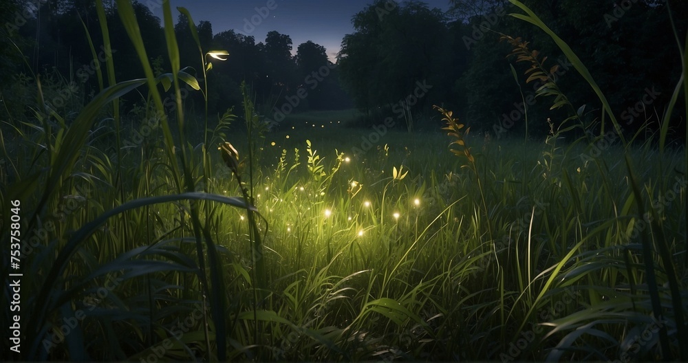 Capture the ultra-realistic image of fireflies dancing amidst tall ...