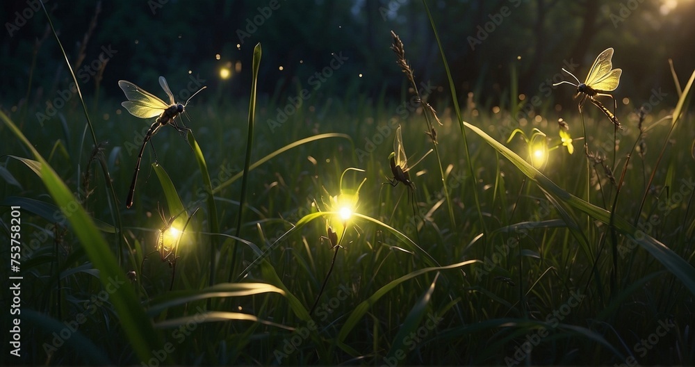 Capture the ultra-realistic image of fireflies dancing amidst tall ...