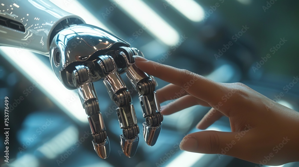 The human finger delicately touches the finger of a robot's metallic ...