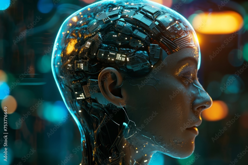 Futuristic human android robot face with head full of technology neural ...