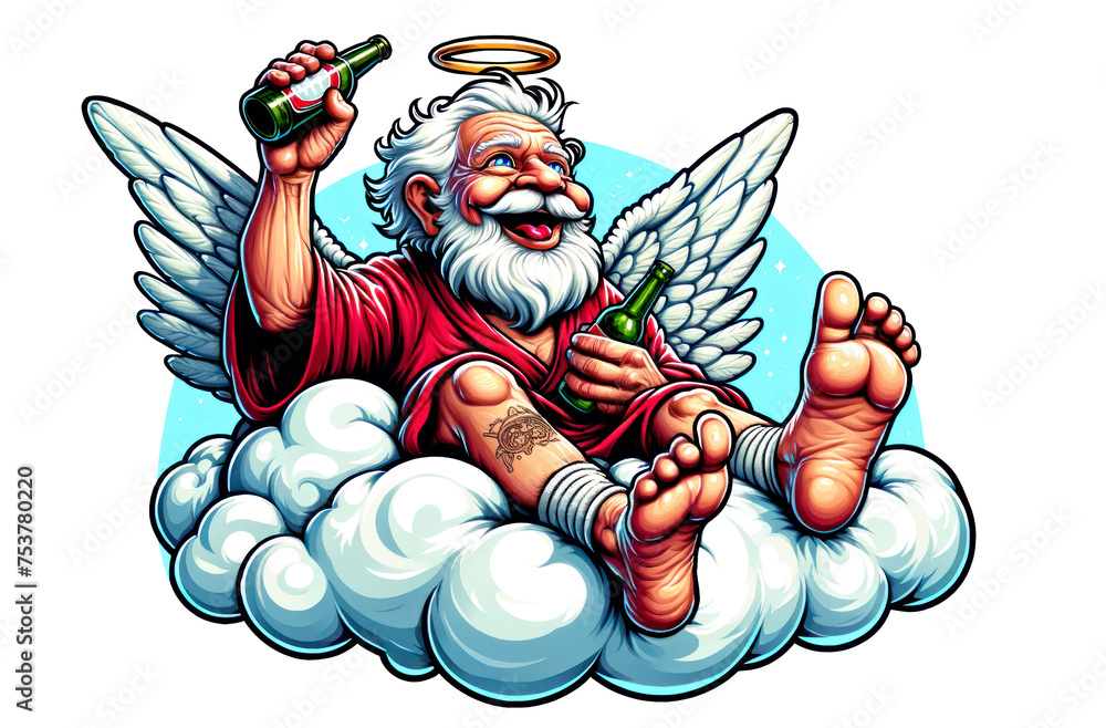 Old man in heaven sits happy on a cloud and enjoys his beer Stock ...