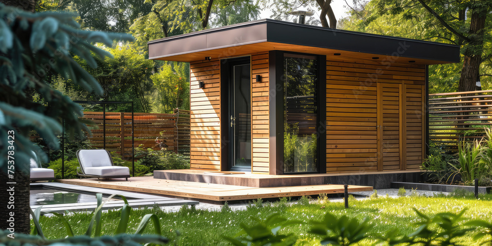 Modern Freestanding Bathhouse in Greenery. An architectural close-up of ...