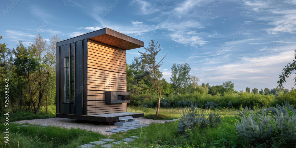 Modern Freestanding Bathhouse in Greenery. An architectural close-up of ...