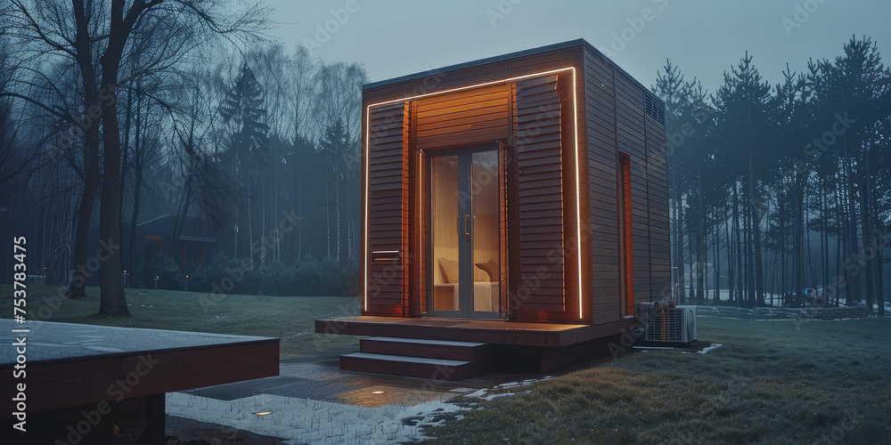 Modern Freestanding Bathhouse in Greenery. An architectural close-up of ...
