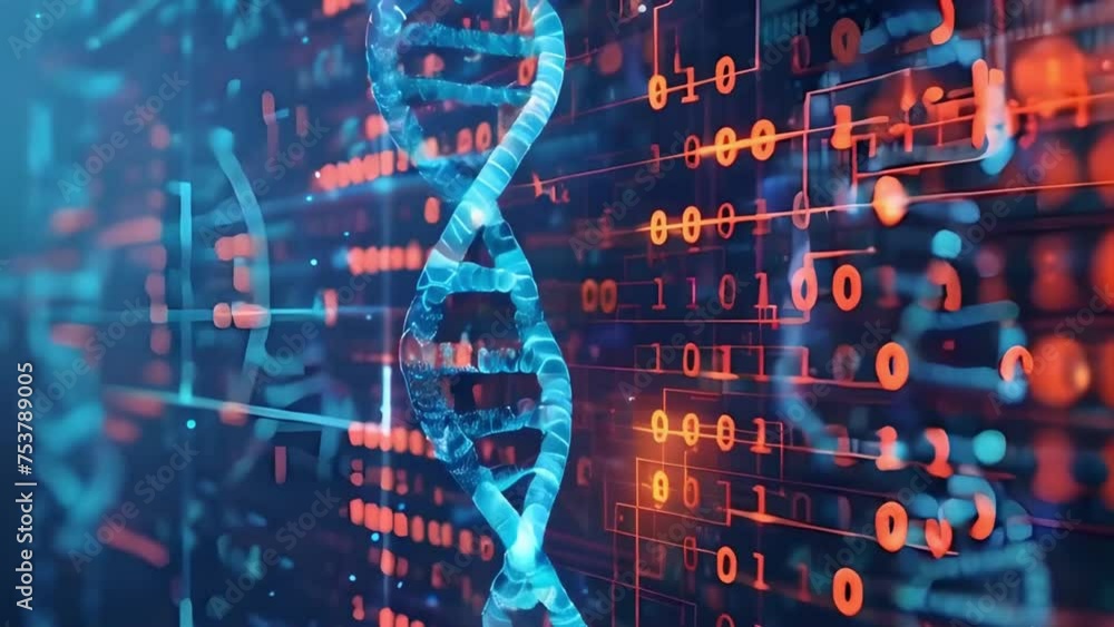 Digital illustration of a double helix DNA structure with a binary code background, science and ...