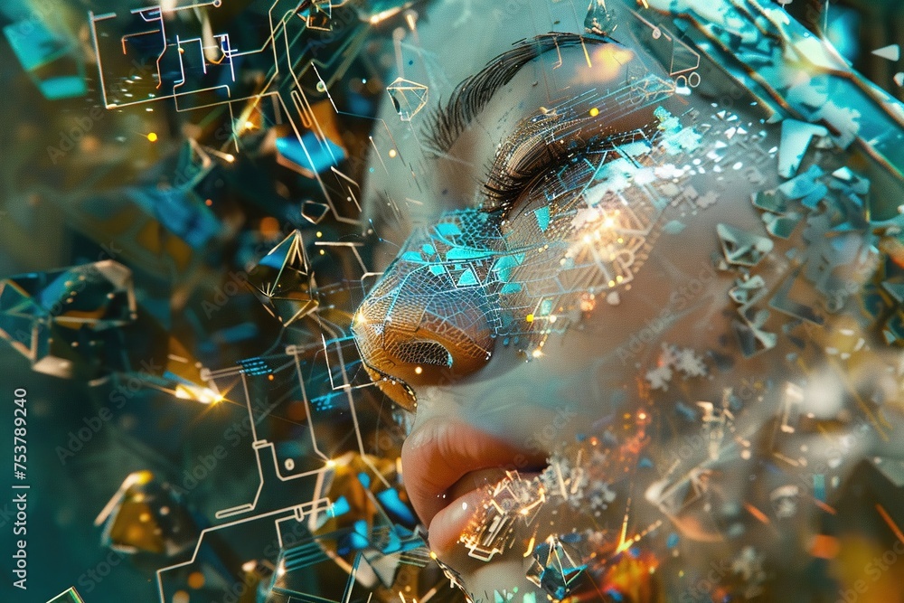 Produce a futuristic digital art piece incorporating elements of ...