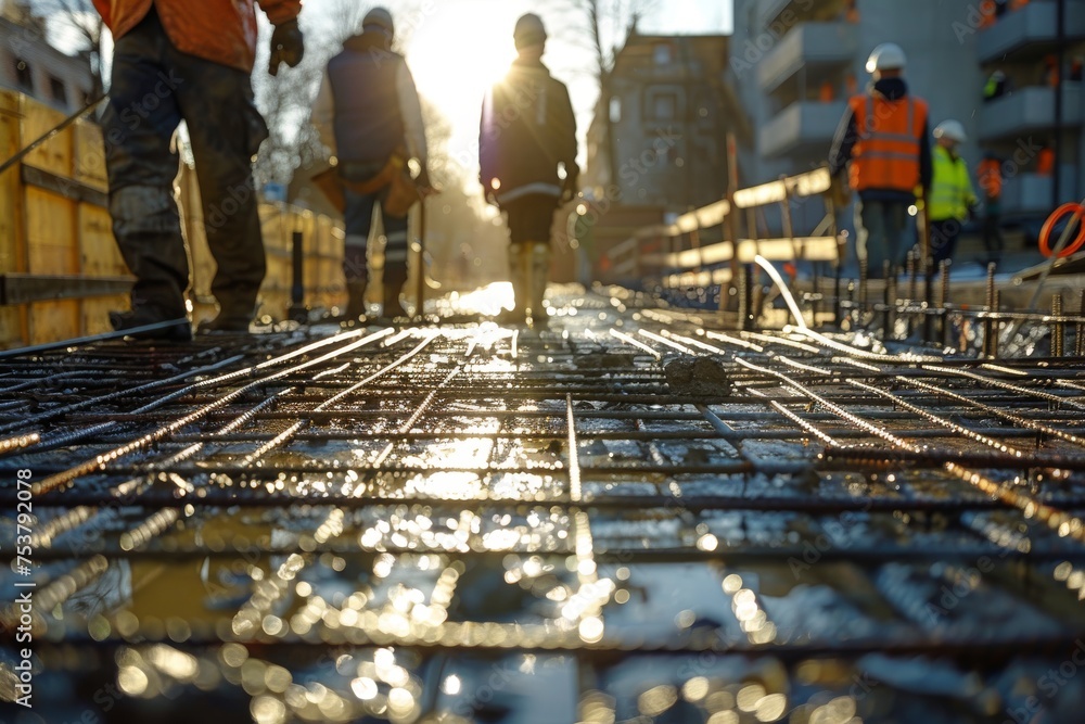 Busy construction site at dawn with workers preparing foundation ...