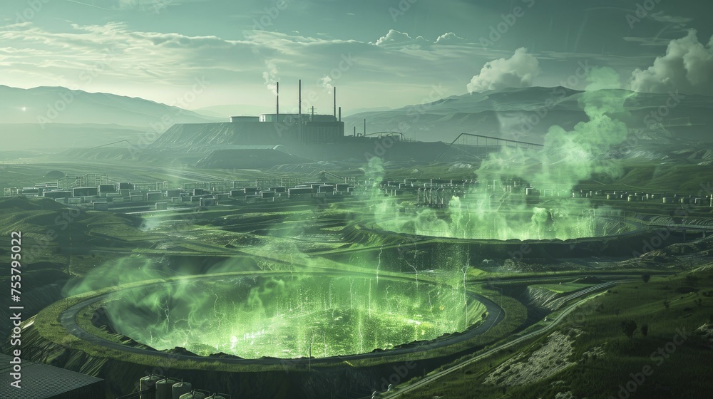 A digital illustration depicts a landfill emitting methane as green ...
