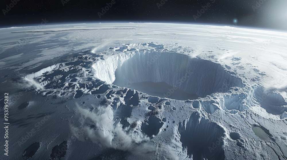 A digital depiction of a polar ice cap from space reveals a notable ...