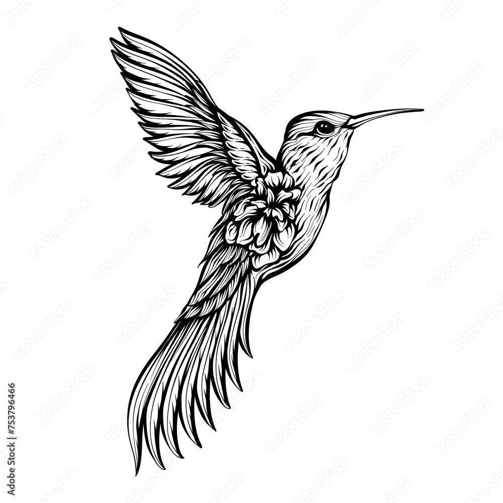 hummingbird in flight, calibri line art black and white illustration ...