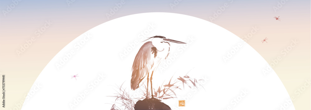 Ink painting of an elegant heron and dragonflies in flight on sunrise ...