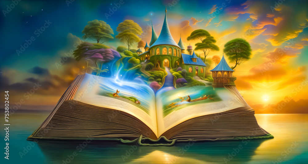 open magic book with a fairy scene inside, fairy tale background ...
