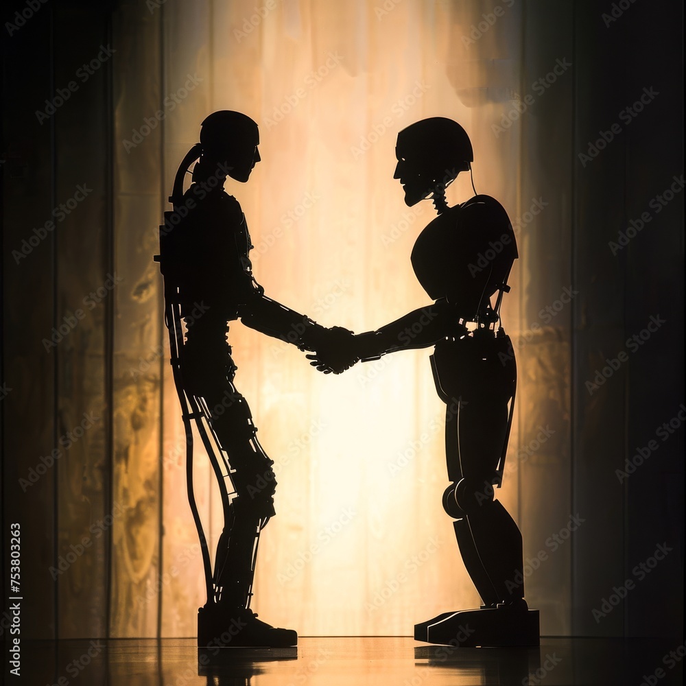 The silhouette of a human and humanoid robot in a handshake backlit as ...