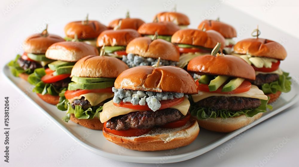 A platter of gourmet sliders, with a variety of toppings from blue ...