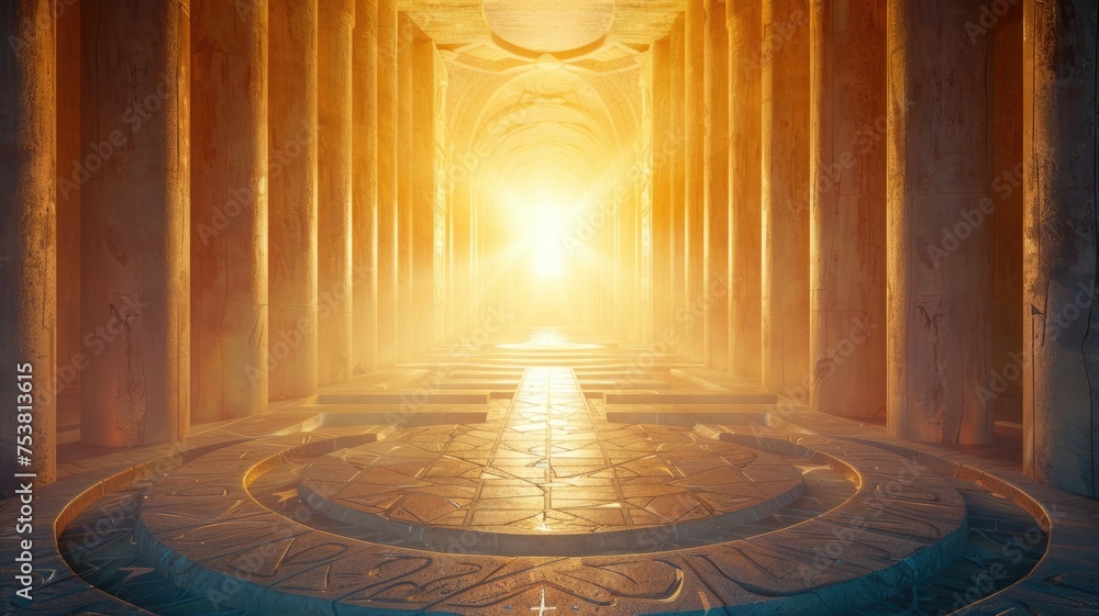 Illuminated ancient hall with sunbeam entry - An ethereal sunbeam ...