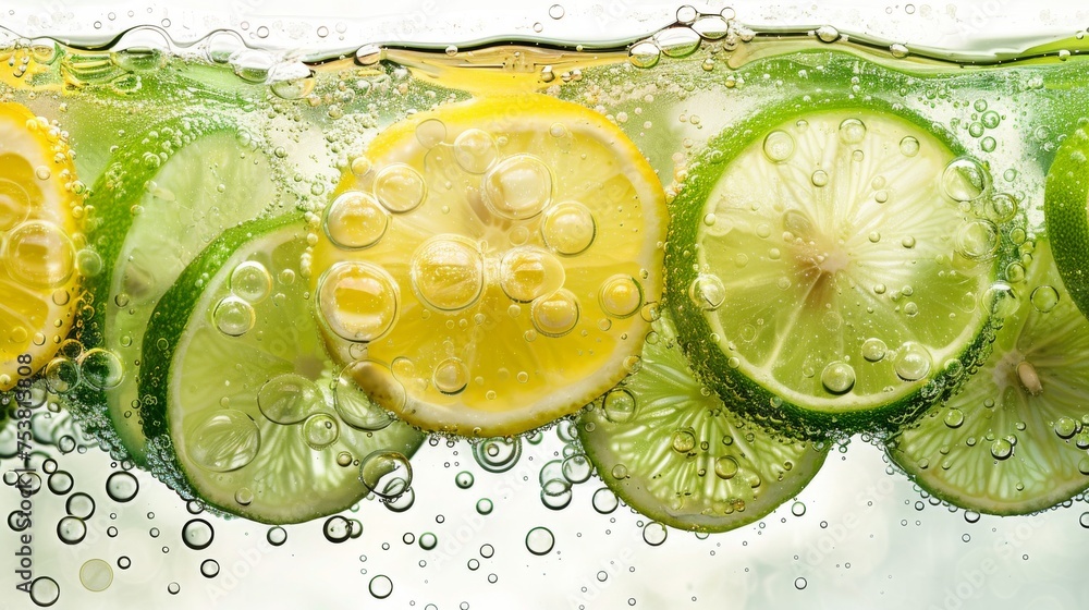 Stylized photo of green lemon and lime slices submerged in sparkling water, with bubbles and a ...