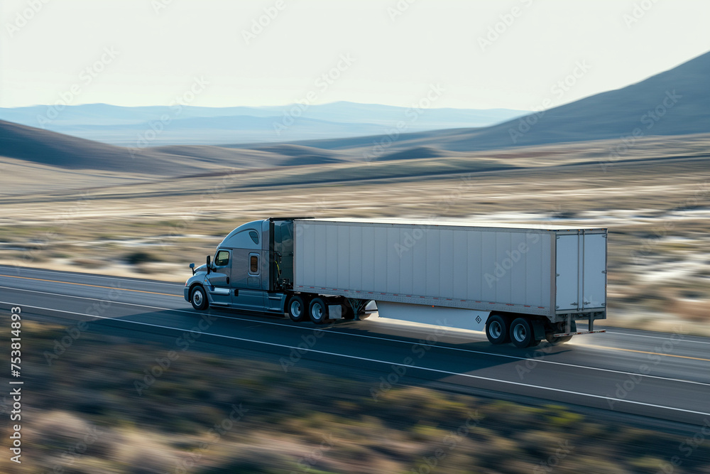 Semi-truck in motion with a large white cargo trailer, and a sleek ...