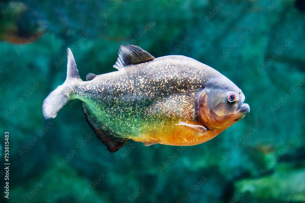 The Common piranha fish (Latin Pygocentrus nattereri) is silvery in ...