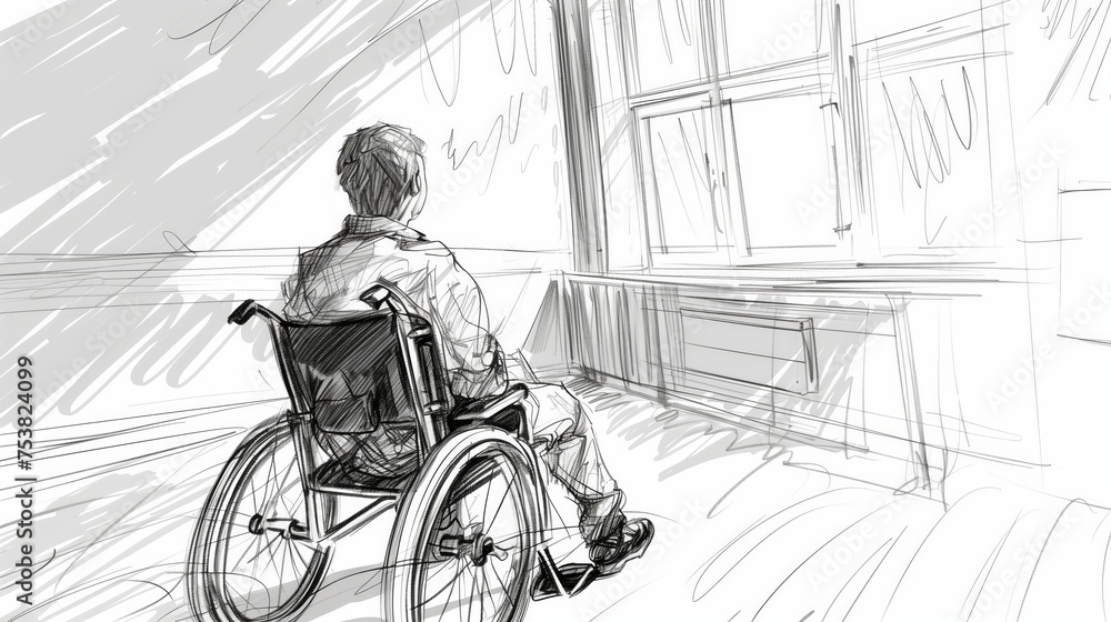Sad disabled boy sits in wheelchair in his room and look out of the ...