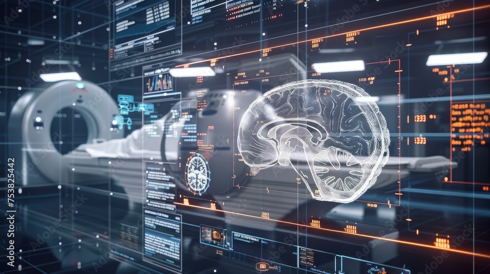 Futuristic MRI scanner with holographic brain imaging display ...