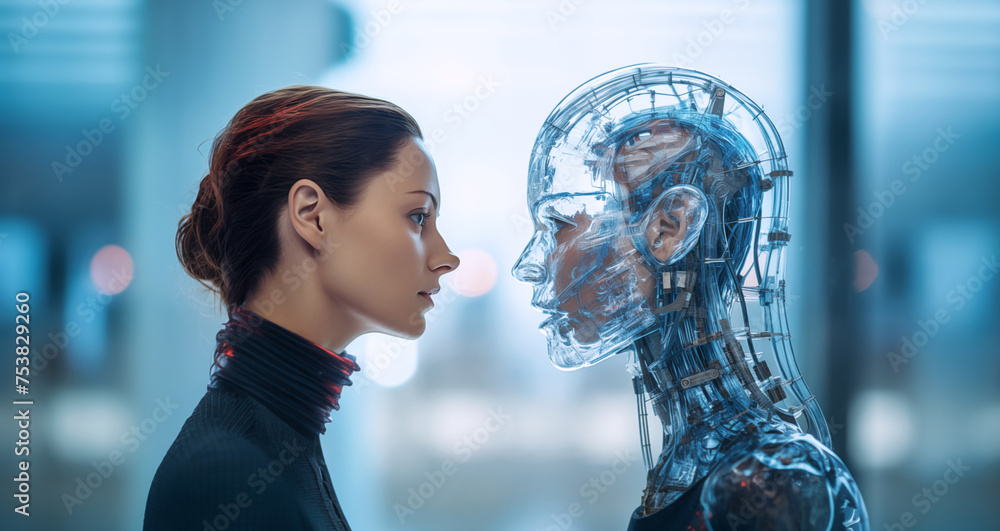 Cybergirl robotic humanoid and beautiful woman side-by-side eye-to-eye ...