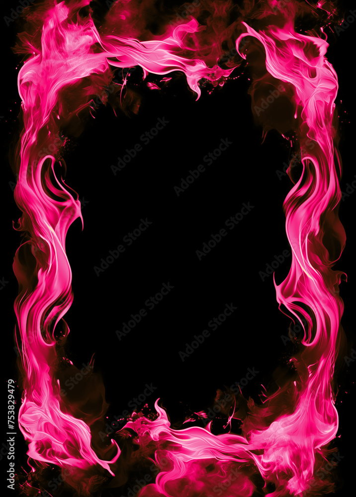Flaming pink fire frame set against a pitch black background. Magic ...