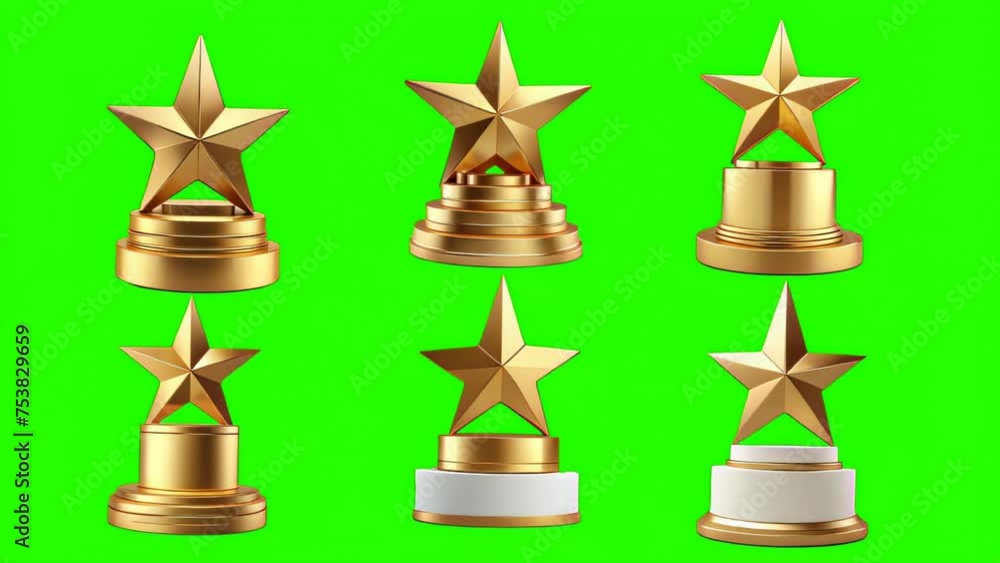 Green screen animation icon, six golden star-shaped trophies on a ...