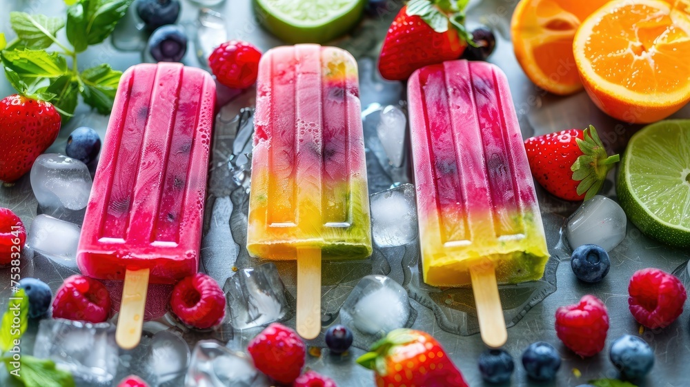 Colorful fruit popsicles on ice with berries - Vibrant image of ...