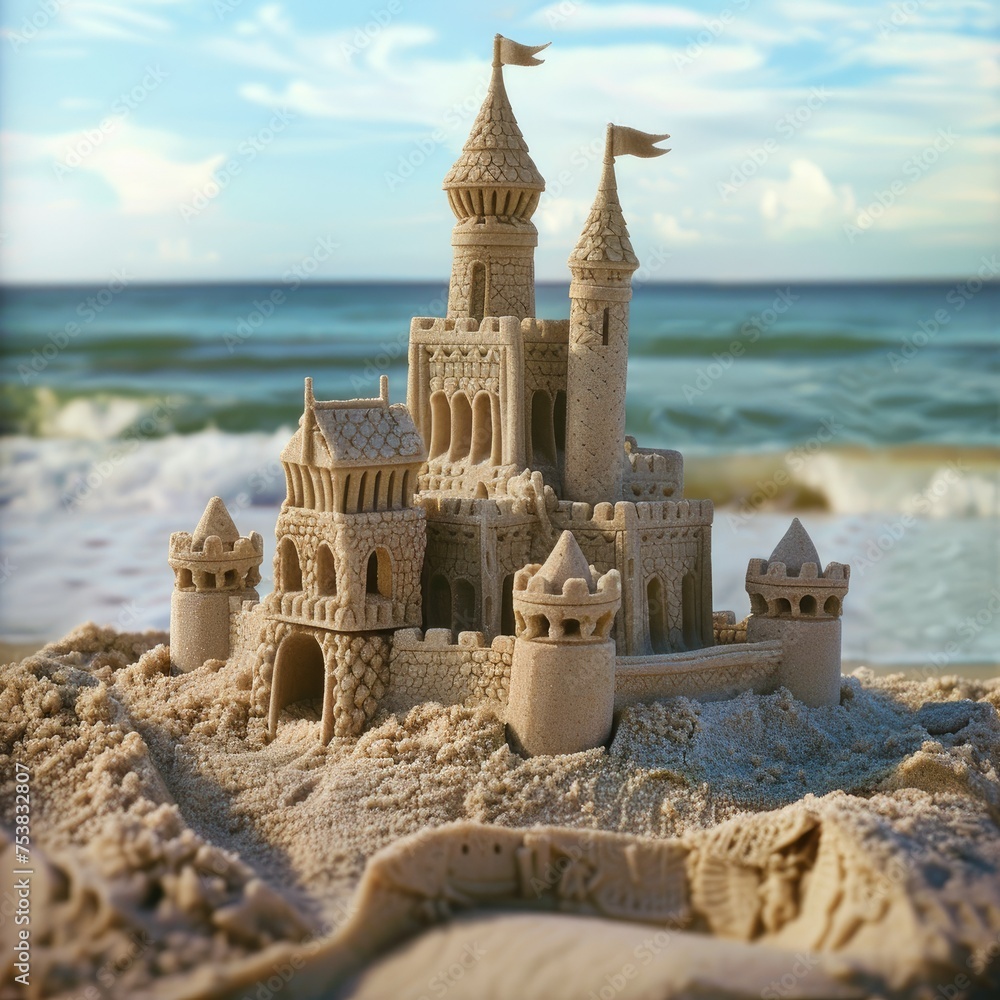Elaborate sandy castle at the beachfront - A detailed and sophisticated ...