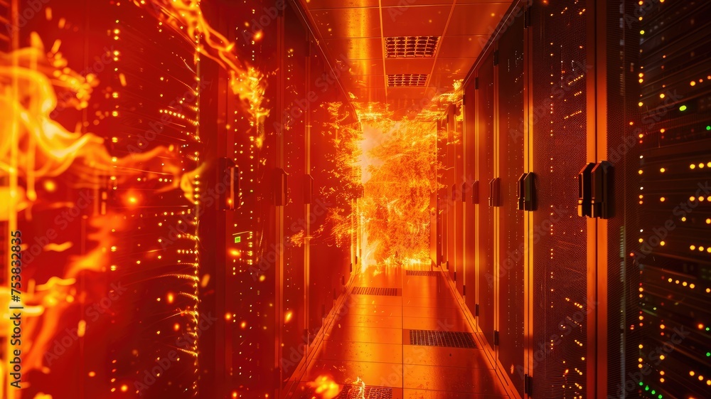 Fire disaster at server room data center - Intense illustration of a ...