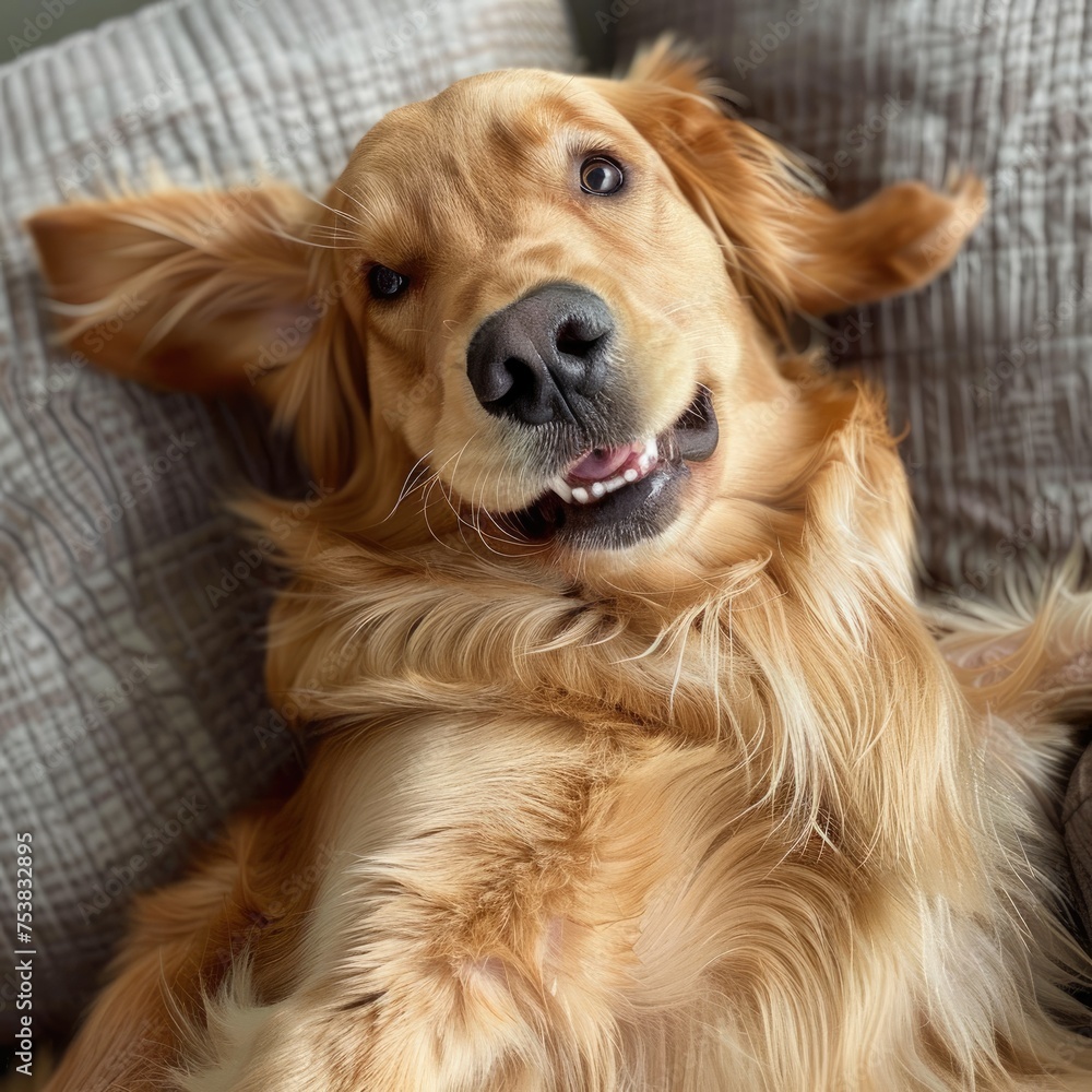 Golden Retriever giving a goofy smile - A close-up image capturing the ...