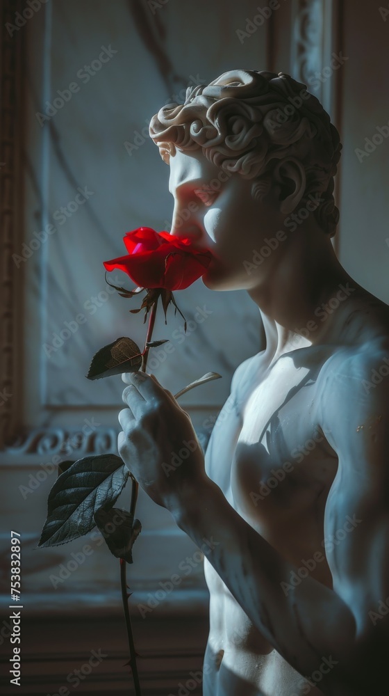 greek god statue made of white marble, holding and smelling a red rose ...