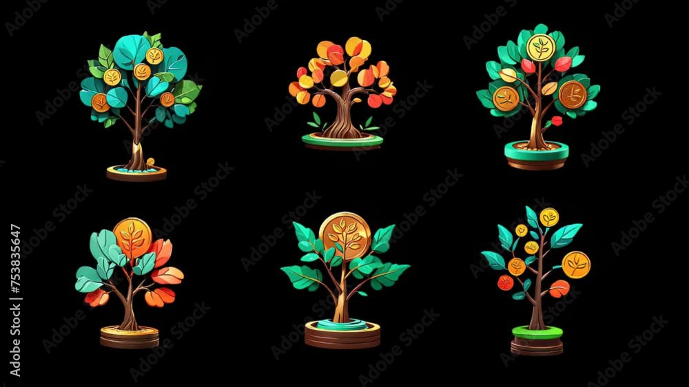 Black screen overlay animation icon, six different stylized trees with ...