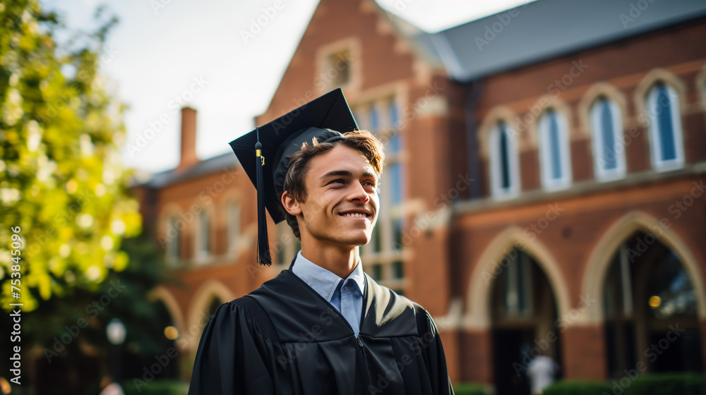 Foto de Front view of student wearing mortarboard and graduate gown ...