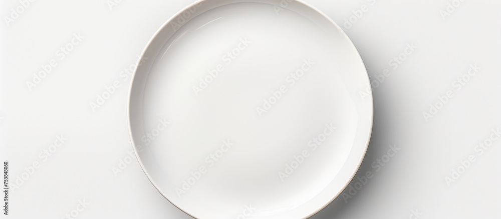 A white ceramic plate is placed on a white table, creating a simple and ...