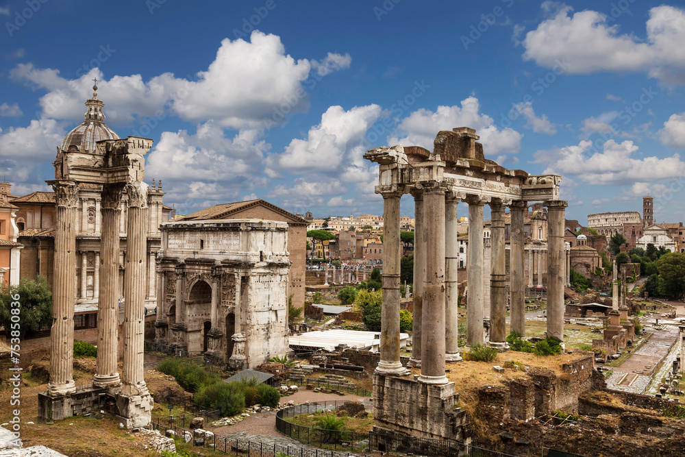 View of the Roman Forum with the temple of Saturn, the Temple of ...