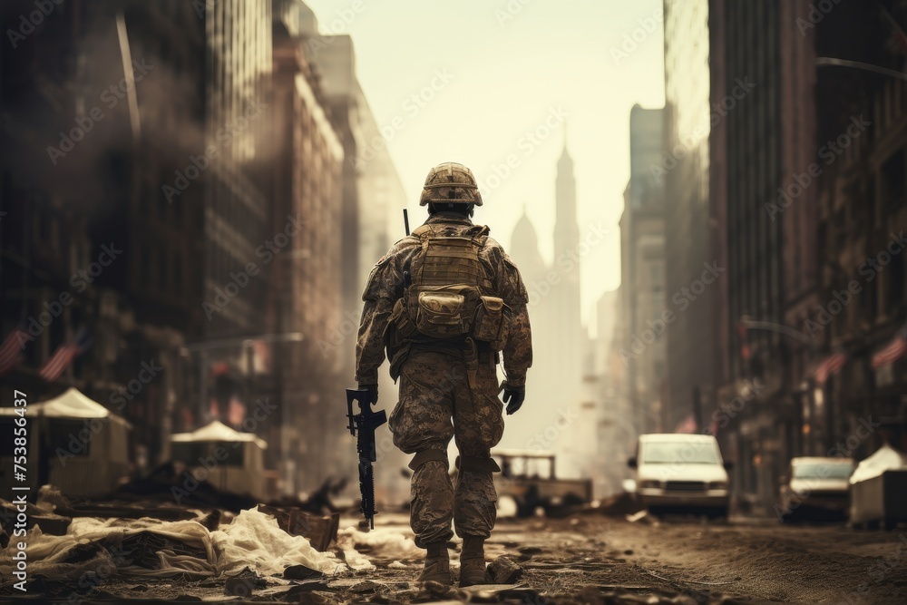 Faceless soldier in destroyed city ruins, post apocalyptic war concept ...