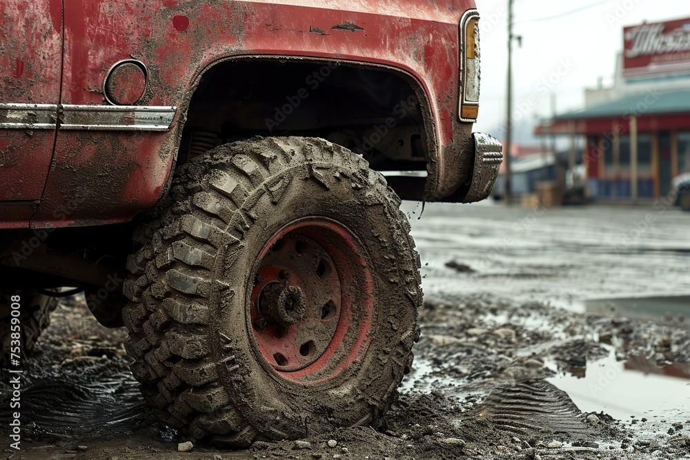 Off-road vehicle in mud. A close-up shot of a rugged, mud-covered ...