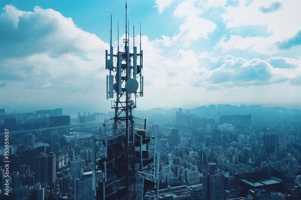 5g network technology tower on a global scale Emphasizing high-speed ...