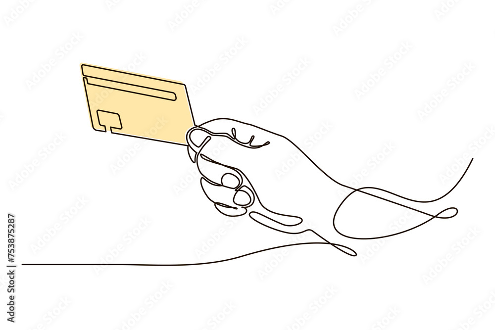 Hand holding bank credit card in continuous one line symbol drawing ...