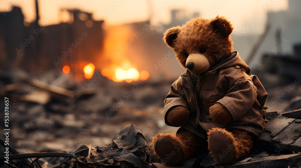 teddy bear toy over city burned destruction of an aftermath war ...