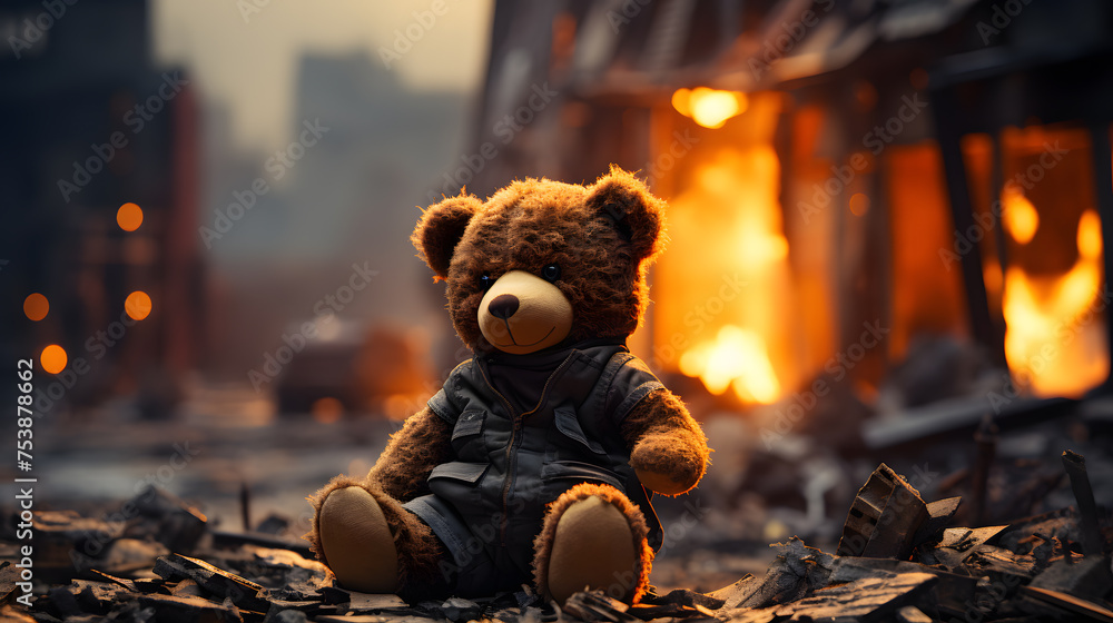 teddy bear toy over city burned destruction of an aftermath war ...