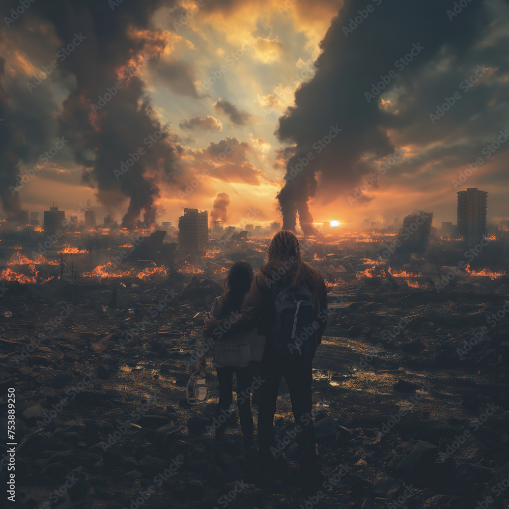 Man and girl, Apocalypse scene, Burning city, Disaster backdrop ...