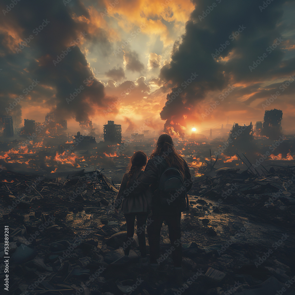 ภาพประกอบสต็อก Man and girl, Apocalypse scene, Burning city, Disaster ...