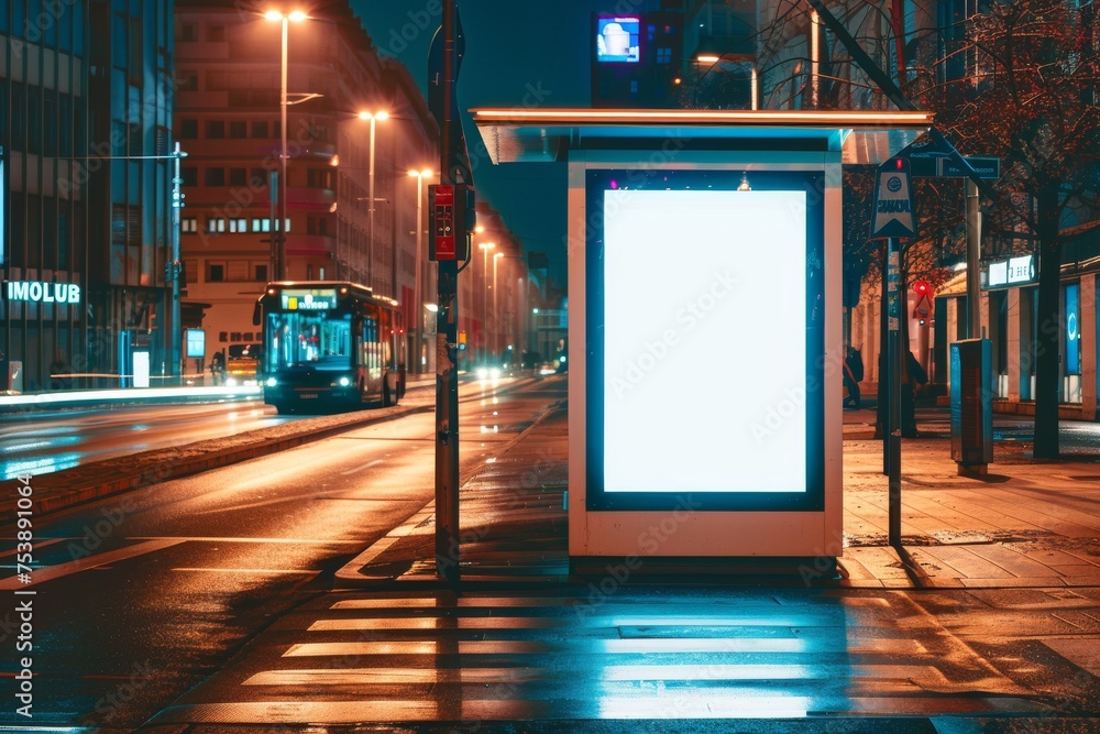 City bus stop with blank advertising panel at night. Street mockup ...