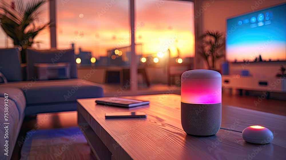 Color photo of a smart home voice assistant controlling various ...