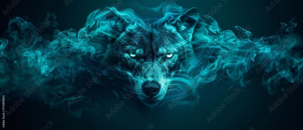 a wolf's head with blue smoke coming out of it's eyes and behind it is ...