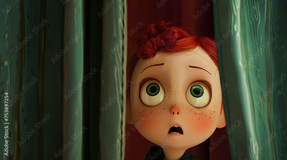 Peeking out from behind a curtain, the animated character watches a ...