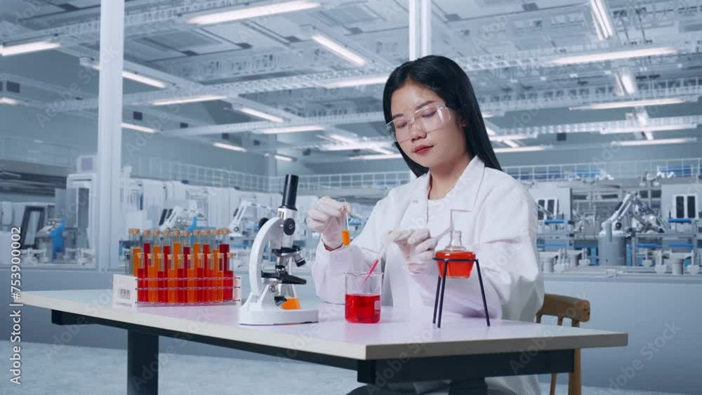 Side View Of Asian Woman Scientist Making Experiment With Test Tube And ...