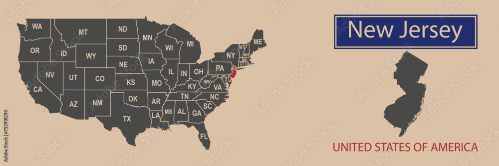 Vector map borders of the USA New Jersey state. State of New Jersey on ...